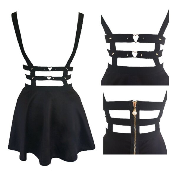 Skirts | Black Spiked Suspender Mini Skirt With Heart Cutouts Punk Goth ...